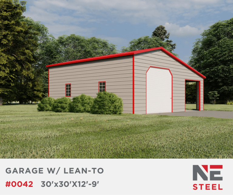 30'x30'x12'/9' Steel Garage w/ Continuous Lean-To - Northedge Steel